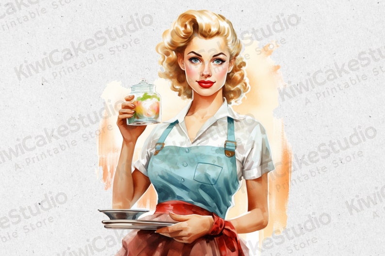 Watercolor Retro Waitress Clipart, 10 High Quality Jpgs, Commercial Use ...