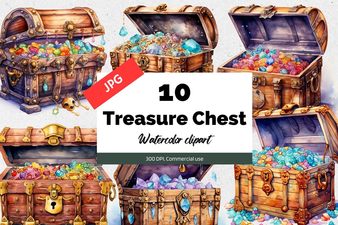 Watercolor Treasure Chest Clipart, 10 High Quality Jpgs, Commercial Use ...