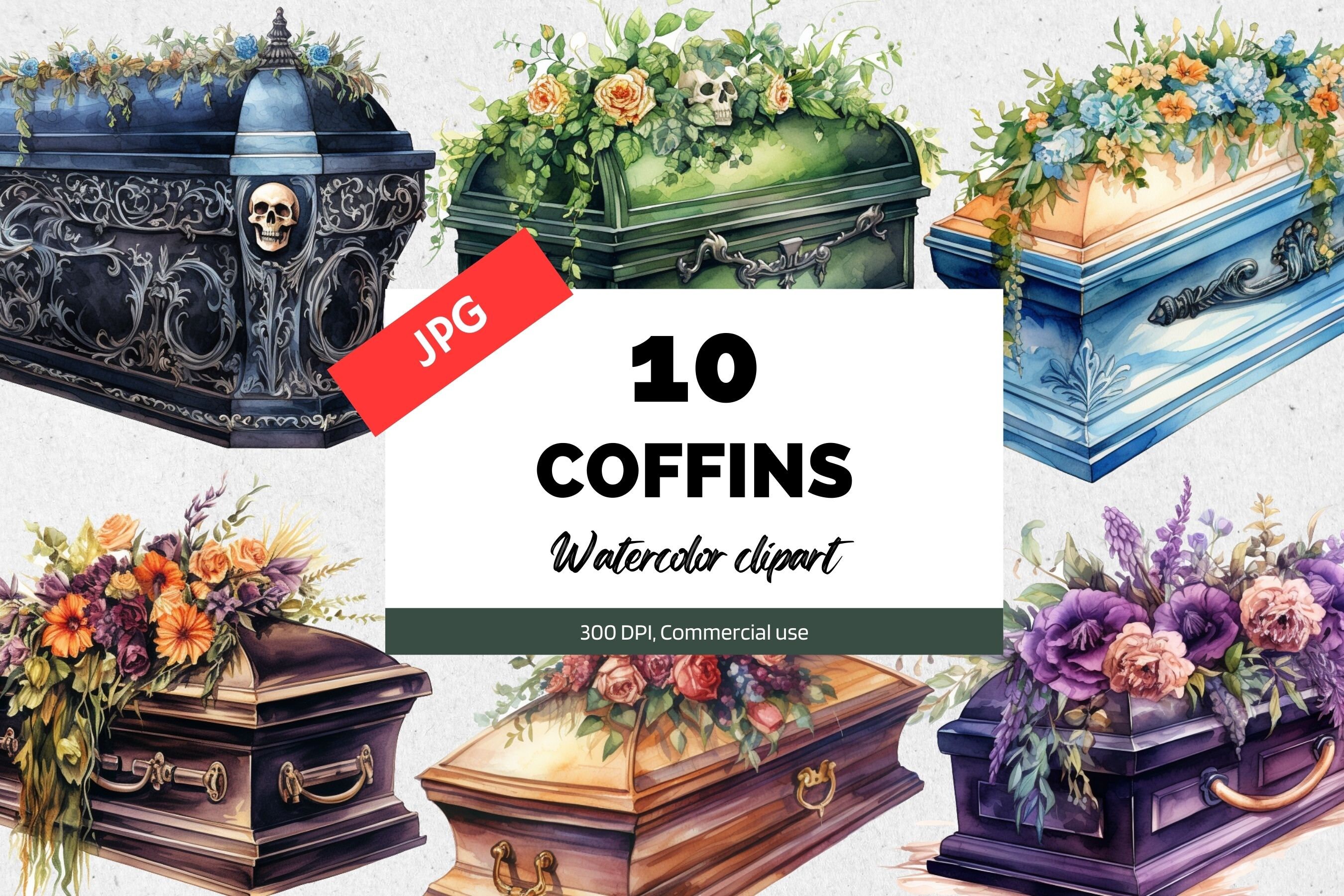 Watercolor Coffins Clipart, 10 High Quality Jpgs, Commercial Use ...