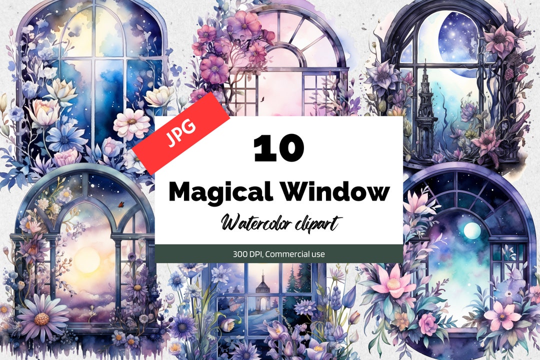 Watercolor Magical Windows Clipart, 10 High Quality JPG, Commercial Use ...