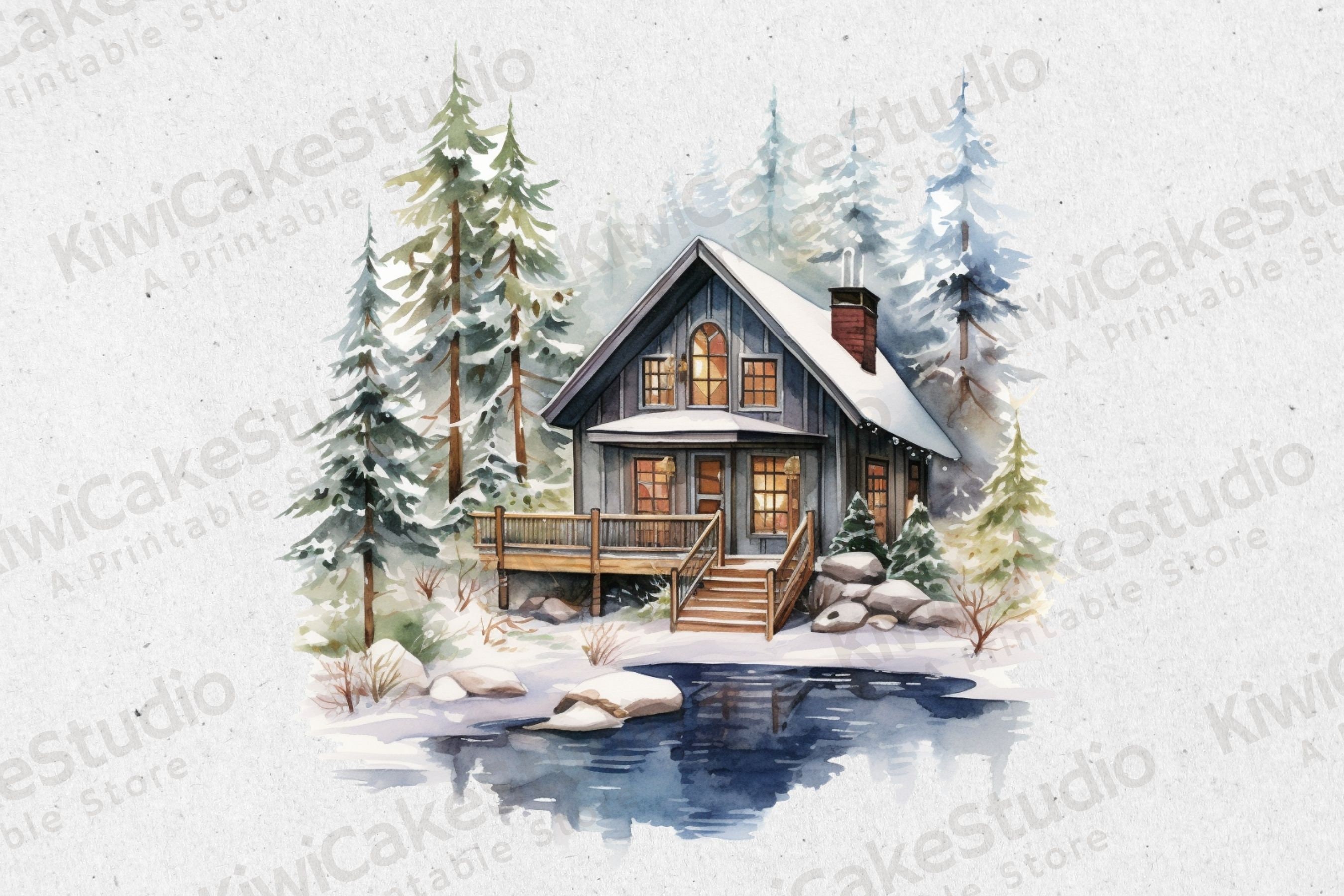Watercolor Winter Cabin Clipart, 10 High Quality Jpgs, Commercial Use ...