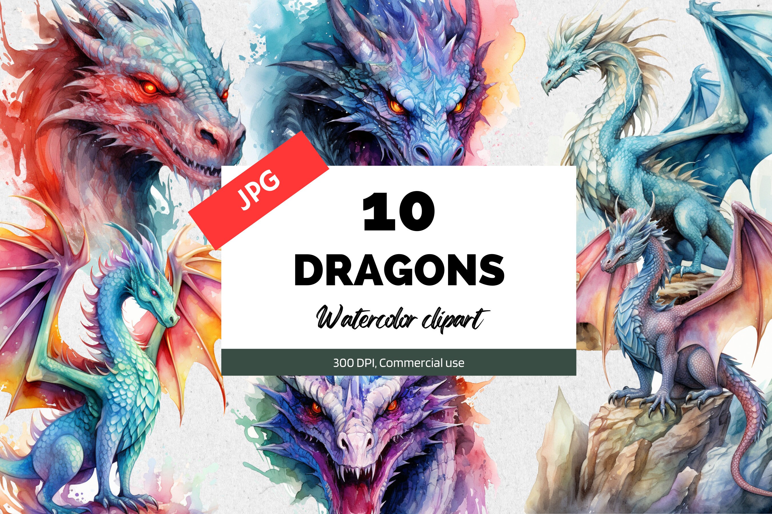 Watercolor Dragon Clipart, 10 High Quality Jpgs, Mystical Fantasy Clip ...