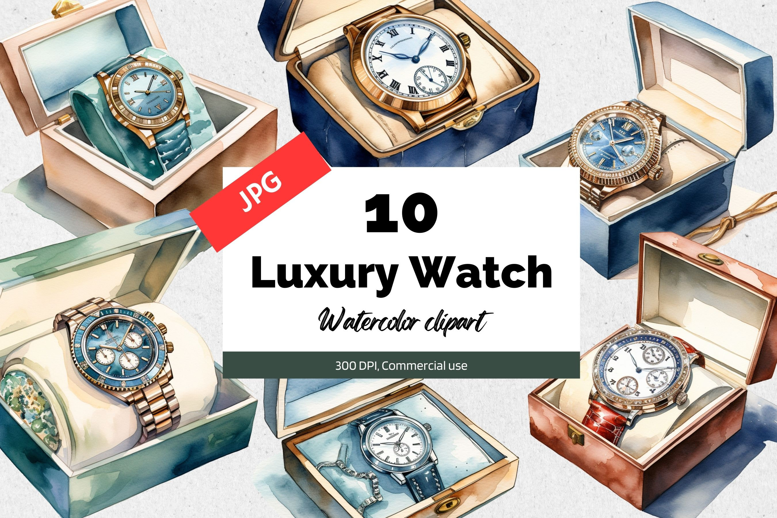 Watercolor Luxury Watch Clipart, 10 High Quality Jpgs, Commercial Use ...
