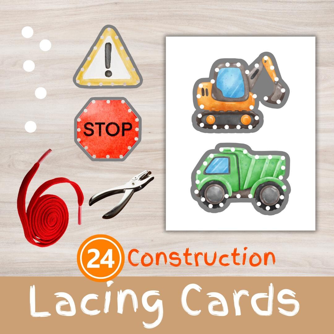 Construction Lacing Cards – 24 Printable Pages, Fine Motor Activity ...