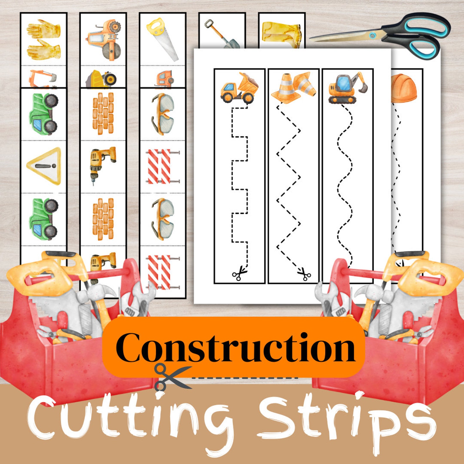 Construction-themed Cutting Strips for Kids | Scissor Skills Practice ...
