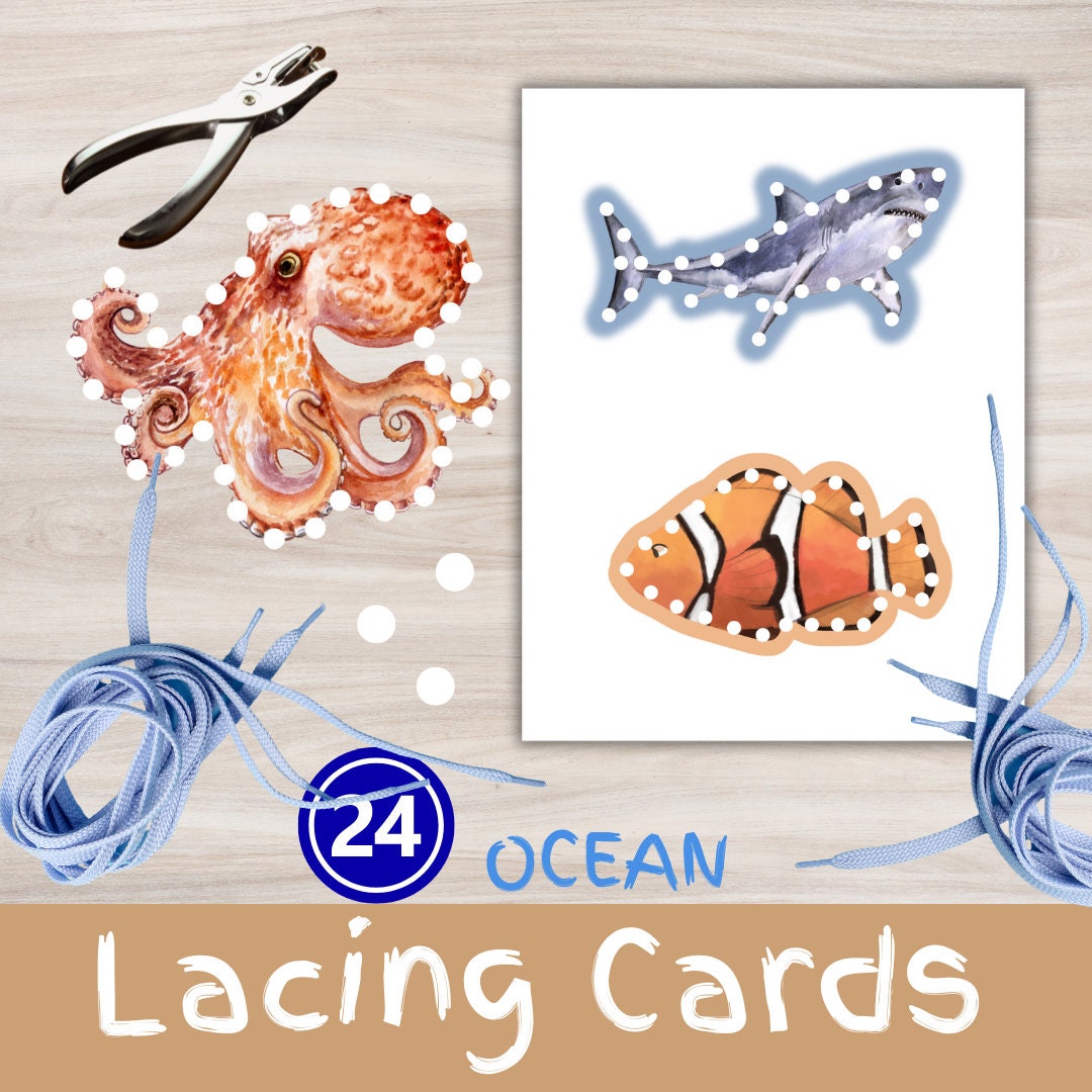 Ocean Lacing Cards – 24 Printable Pages, Fine Motor Activity, Preschool ...