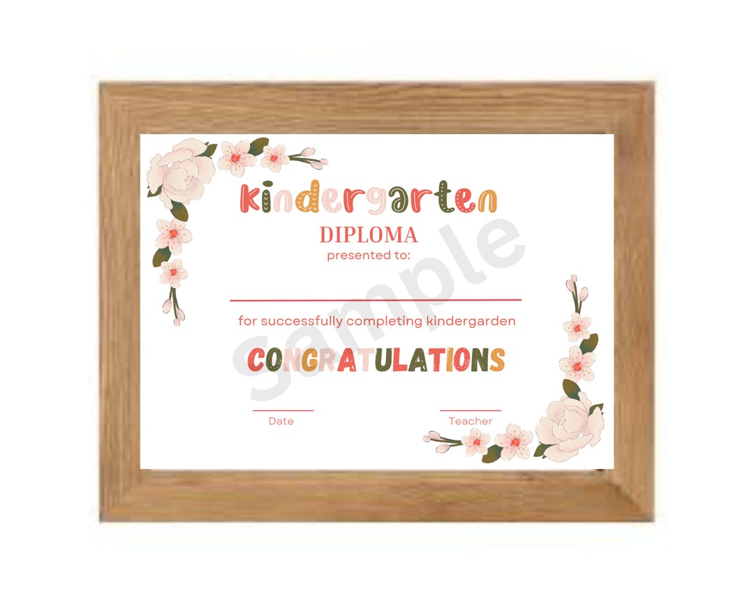 Floral Kindergarten Diploma - Printable 8.5"x11" PDF and JPG Digital ...