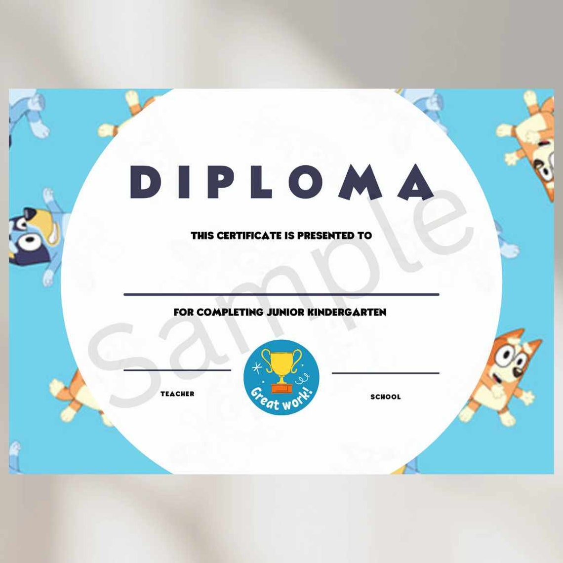 Bluey Junior Kindergarten Diploma - Printable 8.5"x11" - Instant ...