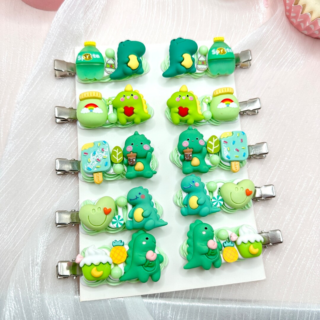 Kawaii Dino Hair Clips, Green Animal Hair Clips, Handmade Dinosaur Hair ...