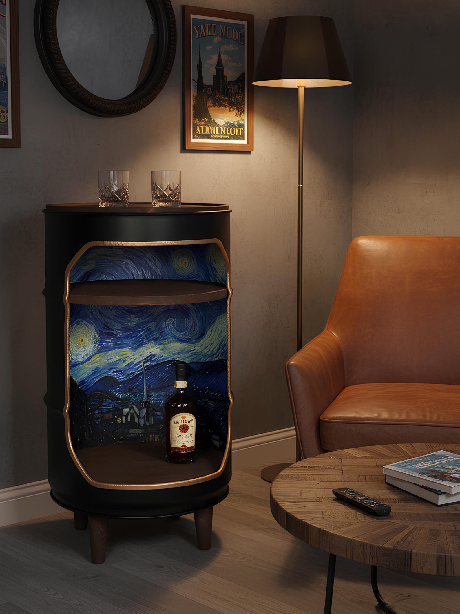 Van Gogh Starry Night Oil Barrel Drum Cabinet Bedside Table Nightstand ...