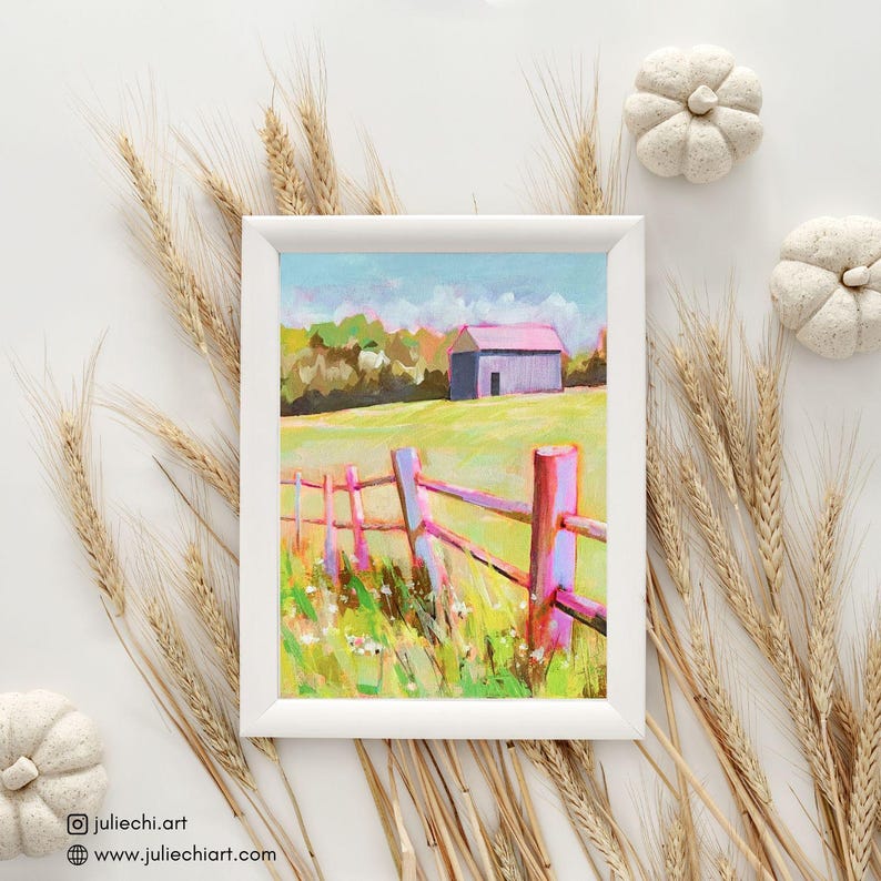 Country Barn Landscape Art Print | Country Farmhouse Wall Art | Vibrant ...