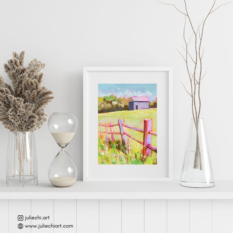 Country Barn Landscape Art Print | Country Farmhouse Wall Art | Vibrant ...