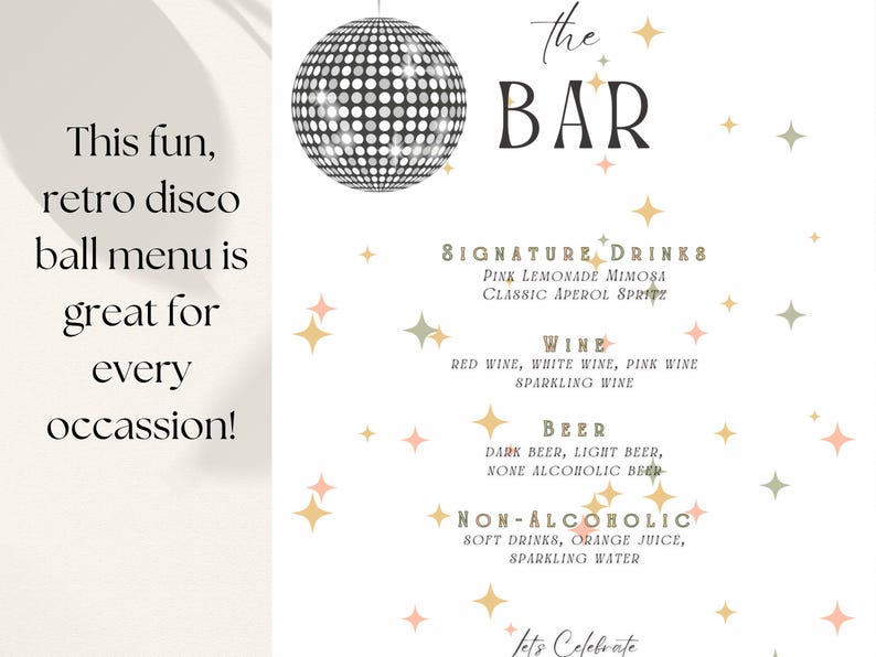 Disco Ball Bar Menu: Retro New Year's Eve Cocktail Sign (printable ...