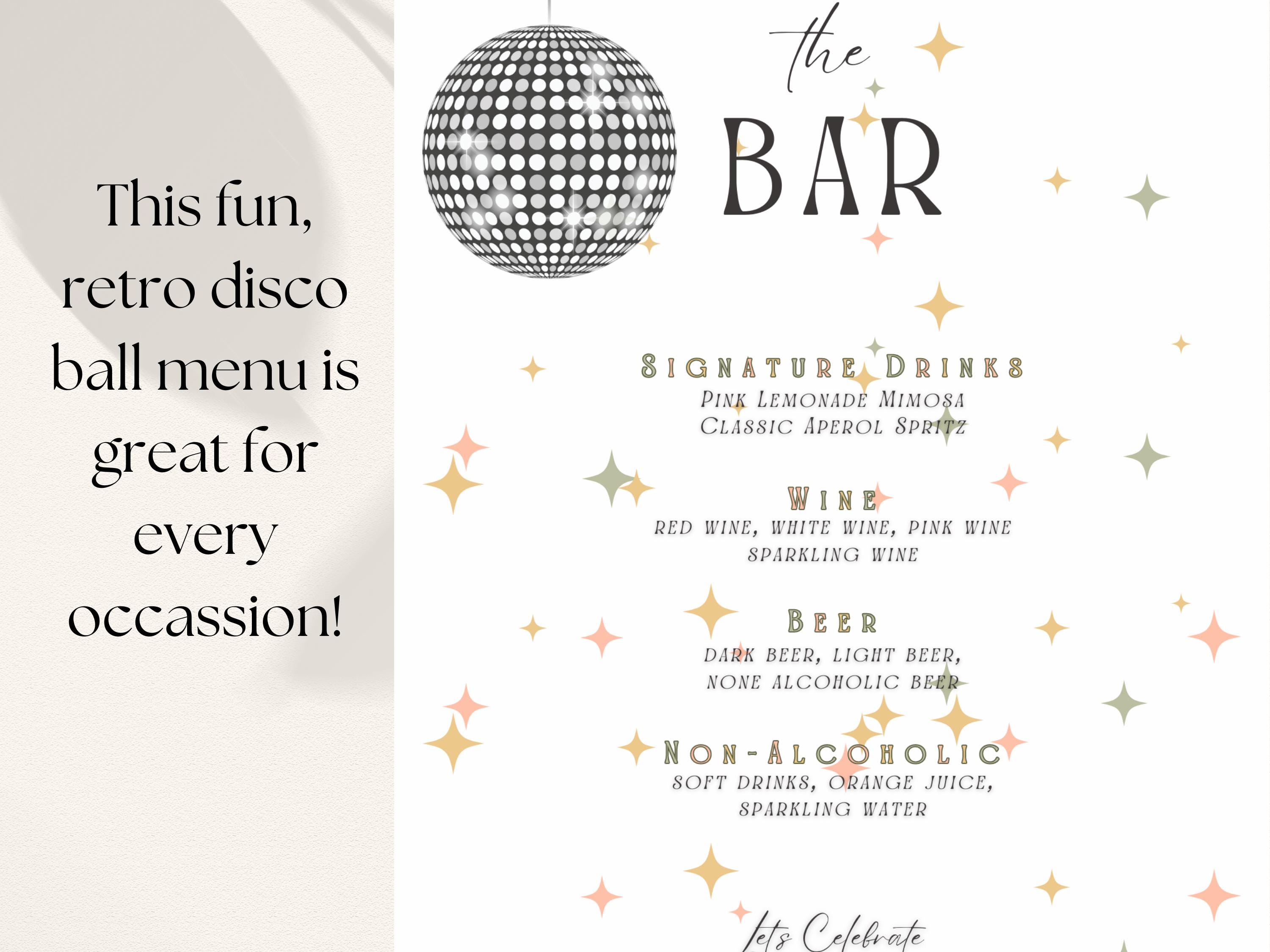 Disco Ball Bar Menu Retro Bar Menu Signature Cocktail Sign Editable ...