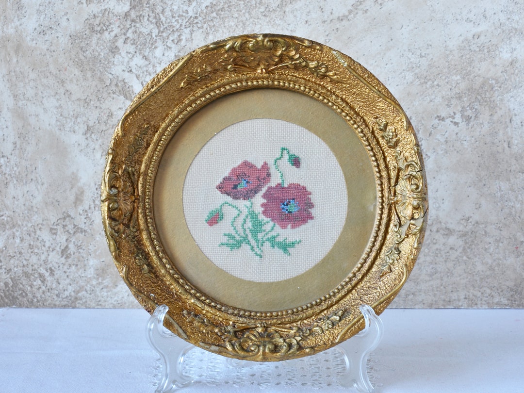 Vintage Round Frame Gold With Hand Embroidered Tapestry ( Poppies ...
