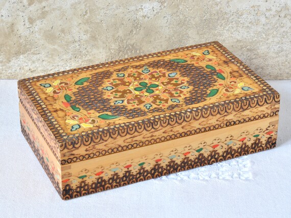 Vintage Wooden Pyrography Box, Keepsake Box, Bulgaria… - Gem