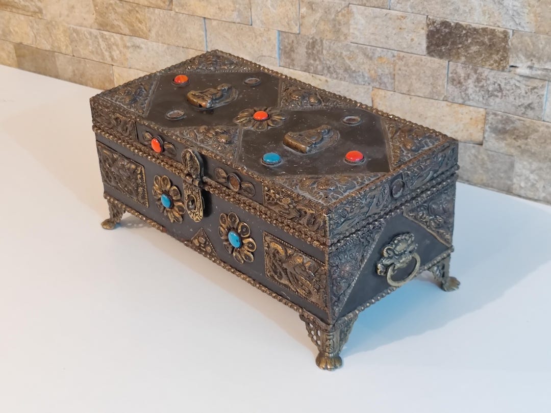Vintage Tibetan Chest Box, Wooden Jewellery Box Metal Copper, Trinket ...