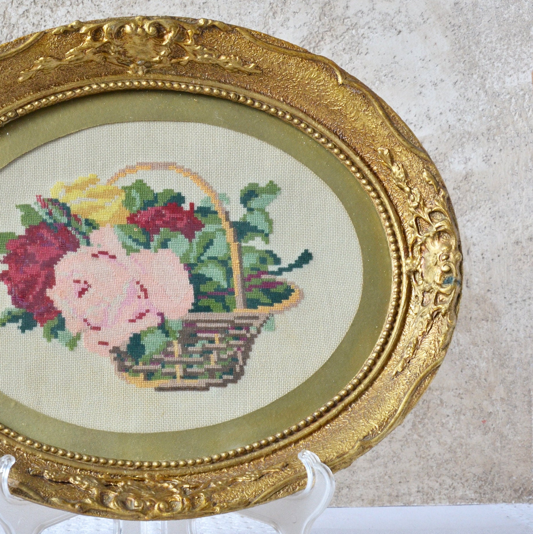 Vintage Ornate Frame With Hand Embroidered Tapestry Basket With Flowers ...