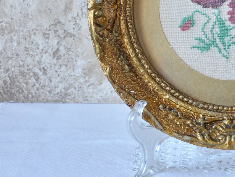 Vintage Round Frame Gold With Hand Embroidered Tapestry ( Poppies ...