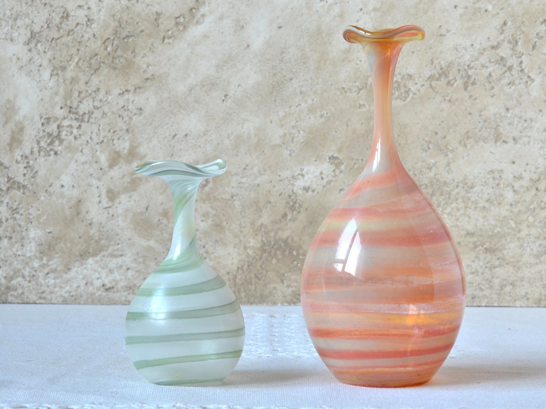 Blown Glass Vase Signed Karl Schmid, Set of Two Art Glass Swirl Vase ...