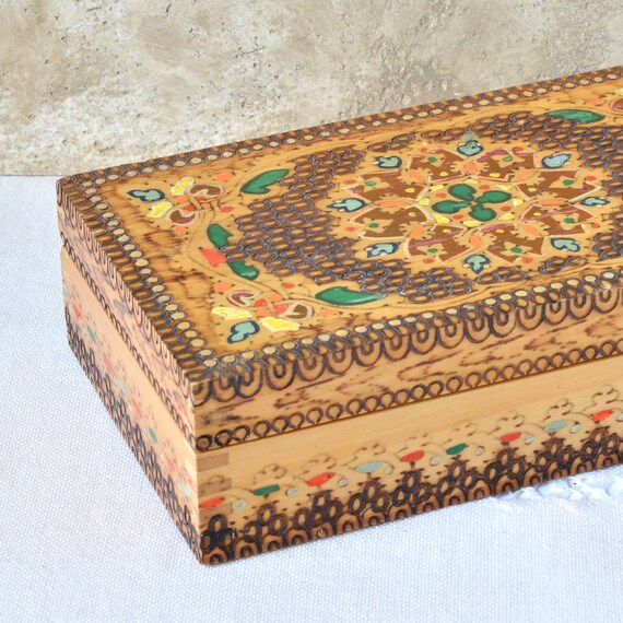 Vintage Wooden Pyrography Box, Keepsake Box, Bulgaria… - Gem