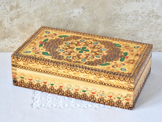 Vintage Wooden Pyrography Box, Keepsake Box, Bulgaria… - Gem