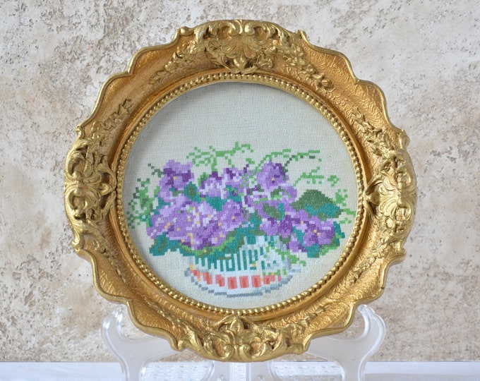 Vintage Round Frame Gold With Hand Embroidered Tapestry ( Purple ...