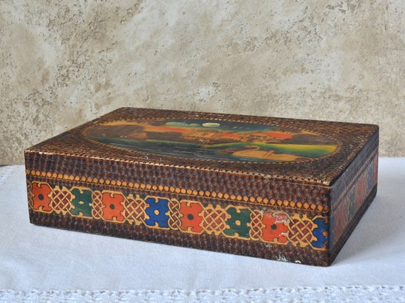 Vintage Wooden Pyrography Box, Keepsake Box, Wood Sto… - Gem