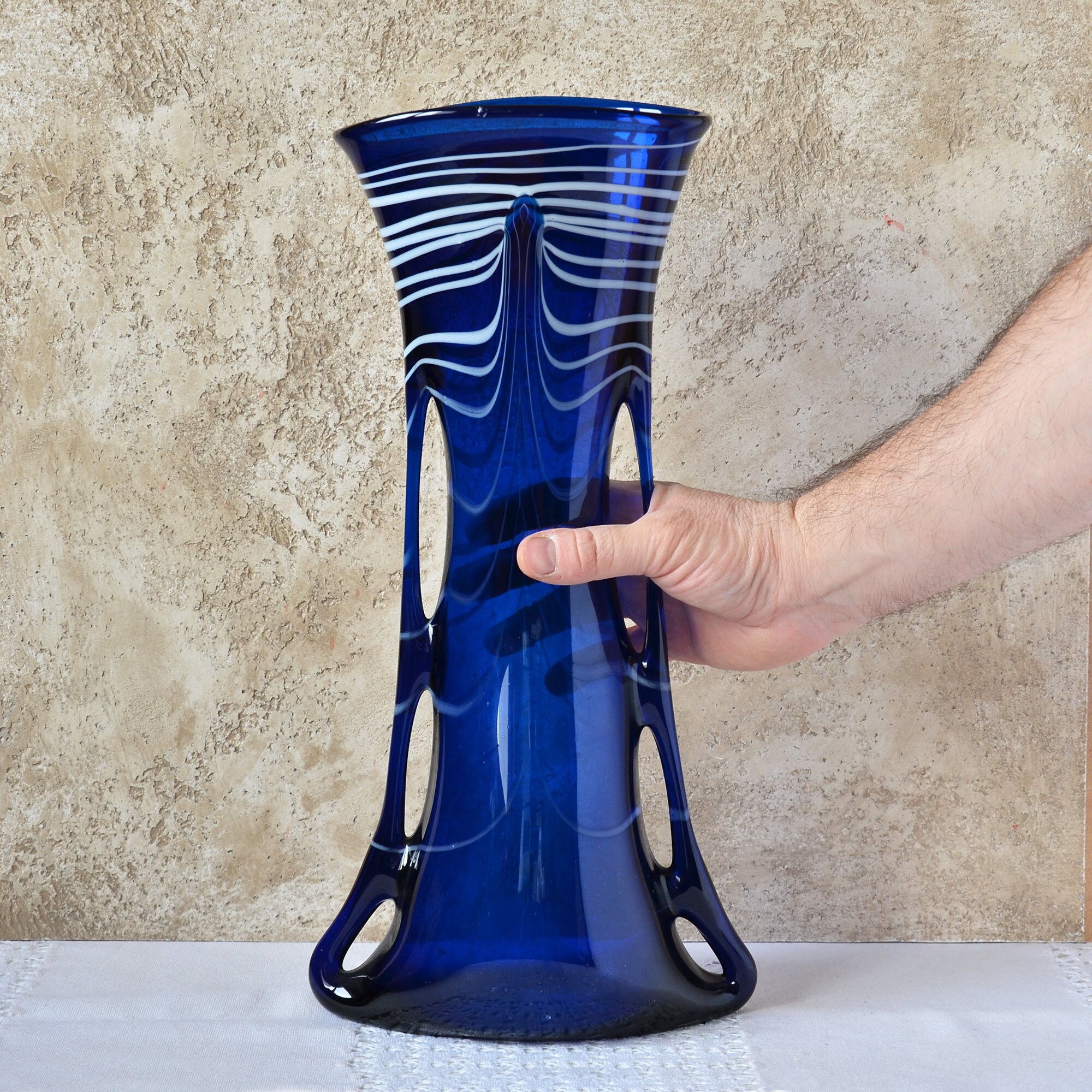 Vintage Blue Glass Vase Tall 16 Inches, Craftsman Hand Blown Glass Vase ...