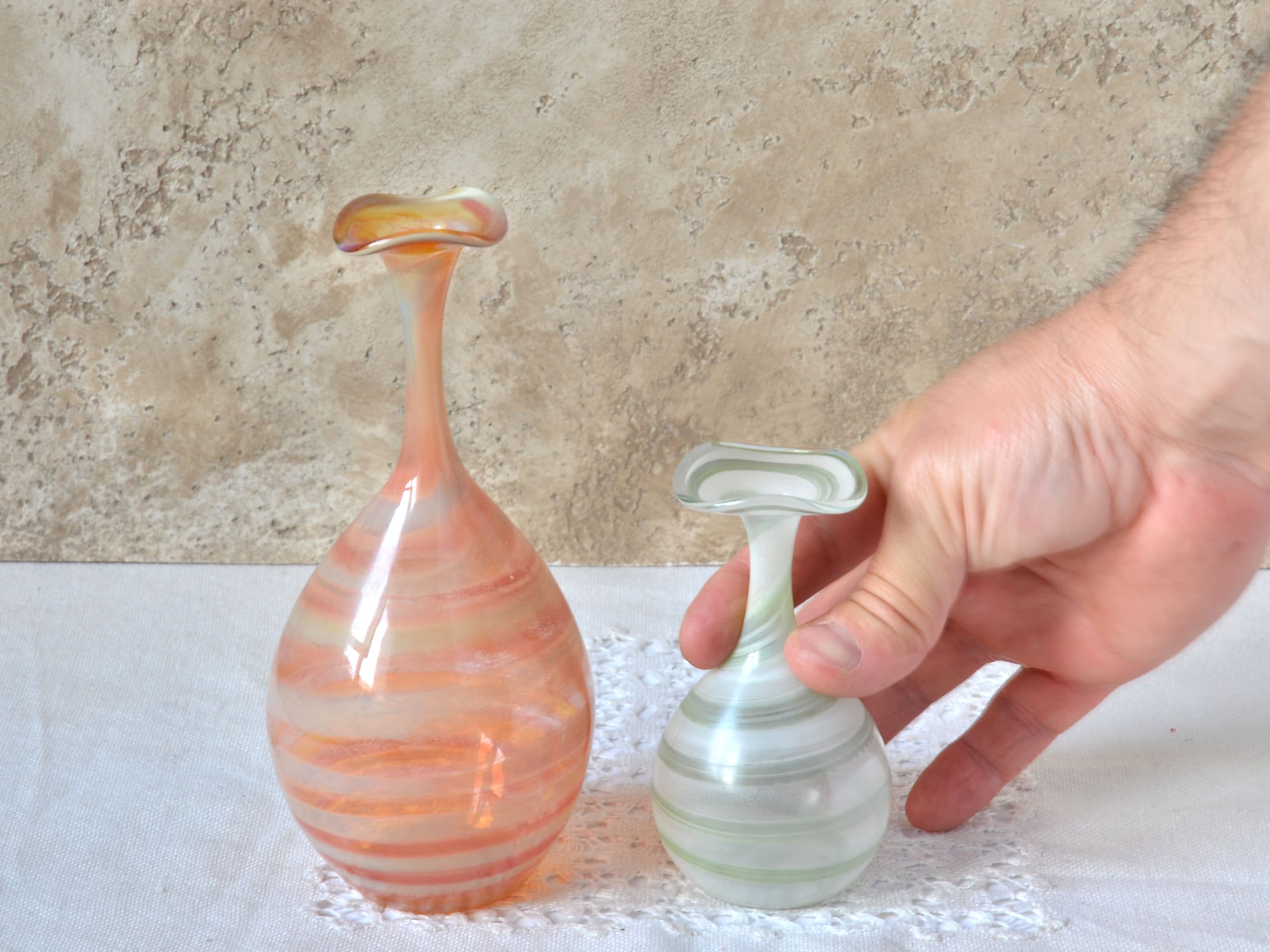 Blown Glass Vase Signed Karl Schmid, Set of Two Art Glass Swirl Vase ...