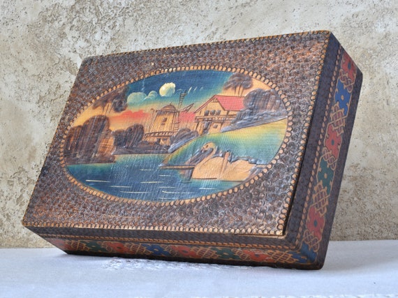 Vintage Wooden Pyrography Box, Keepsake Box, Wood Sto… - Gem