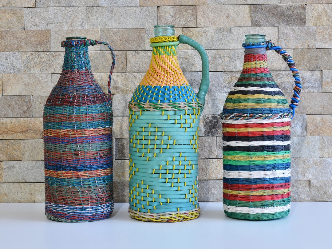 Vintage Multicolor Wicker Bottle 3L, Farmhouse Decor From 1970s. Large ...