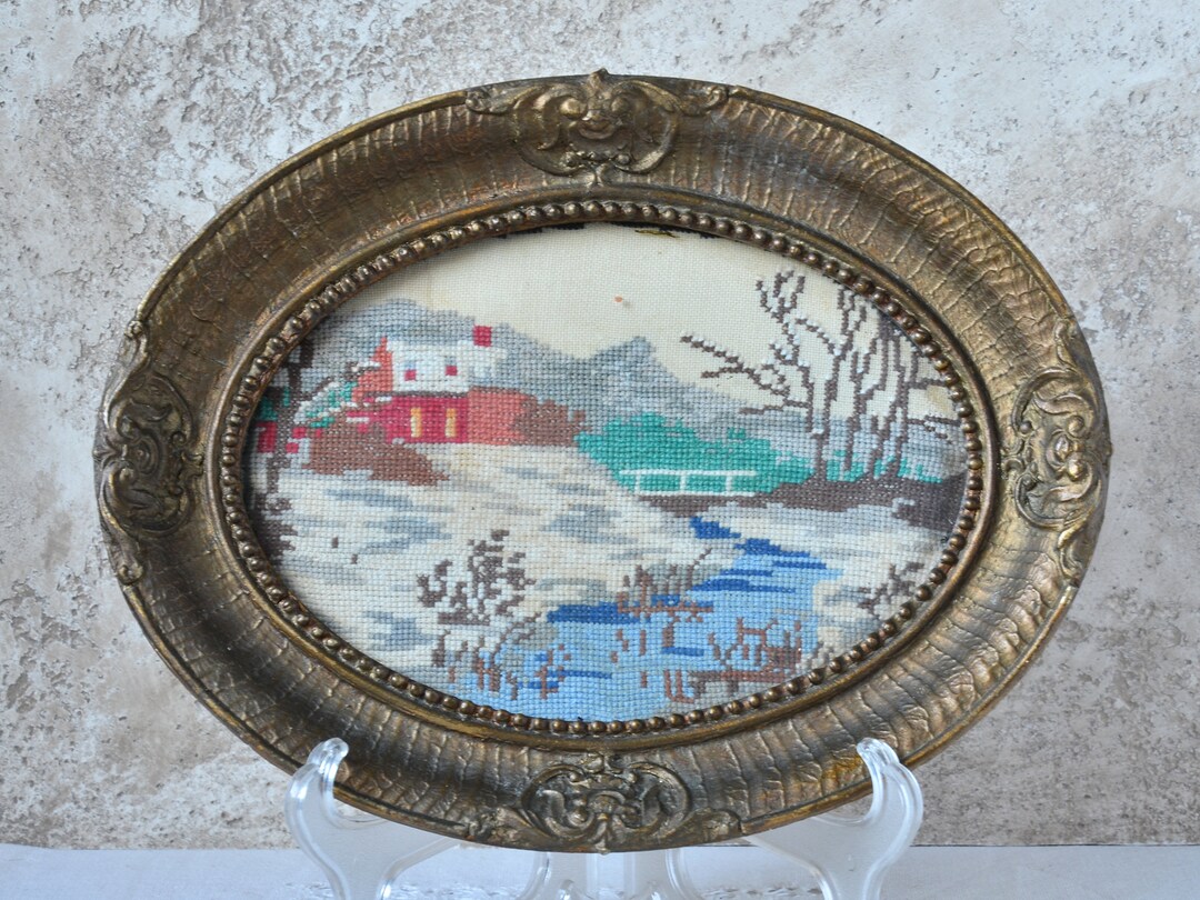 Vintage Oval Ornate Frame With Hand Embroidered Tapestry ( Winter ...