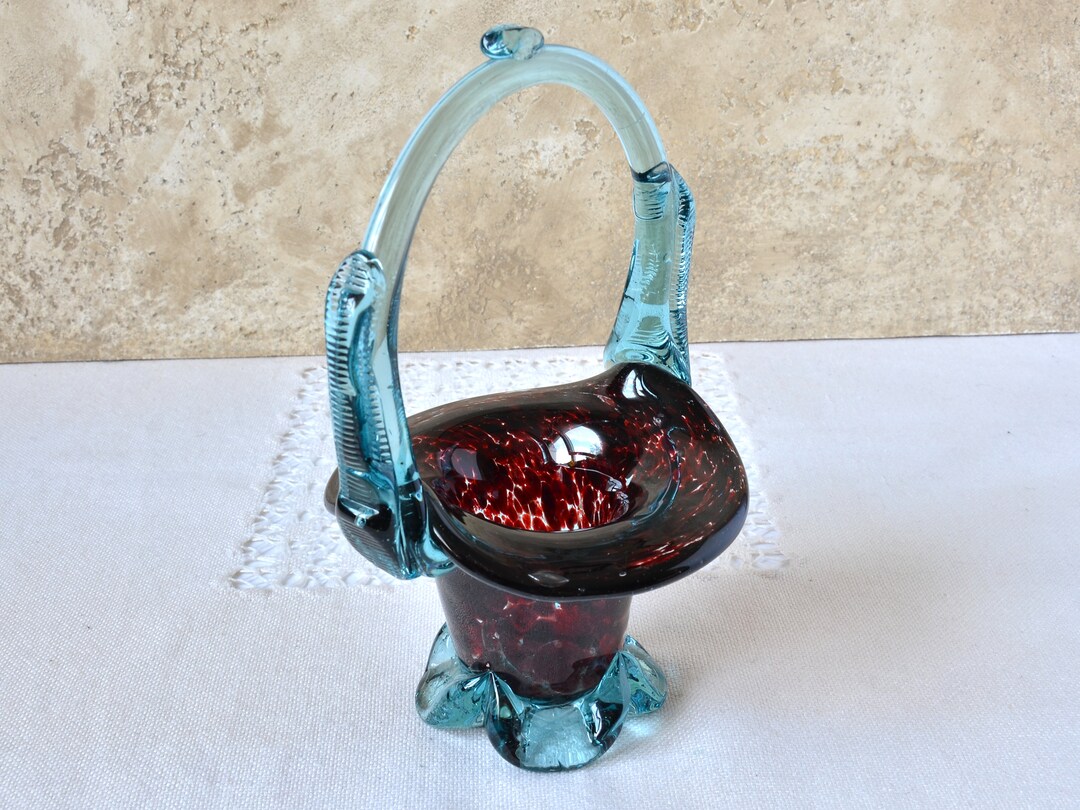 Vintage Red - Blue Glass Basket, Art Glass Candy Bowl, Minimalist ...