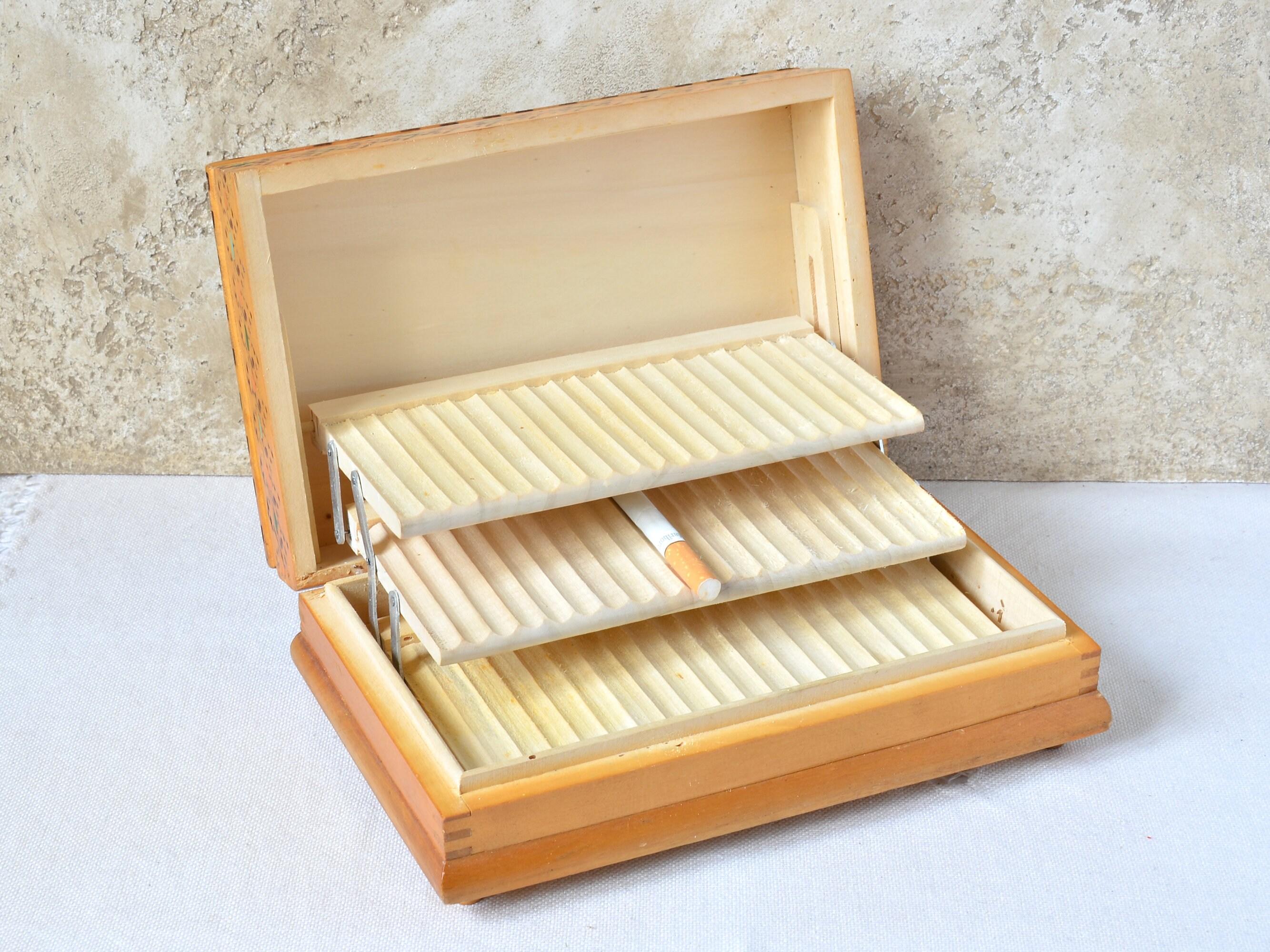 Vintage Wooden Cigarette Box With Pyrography and Painted Design ...