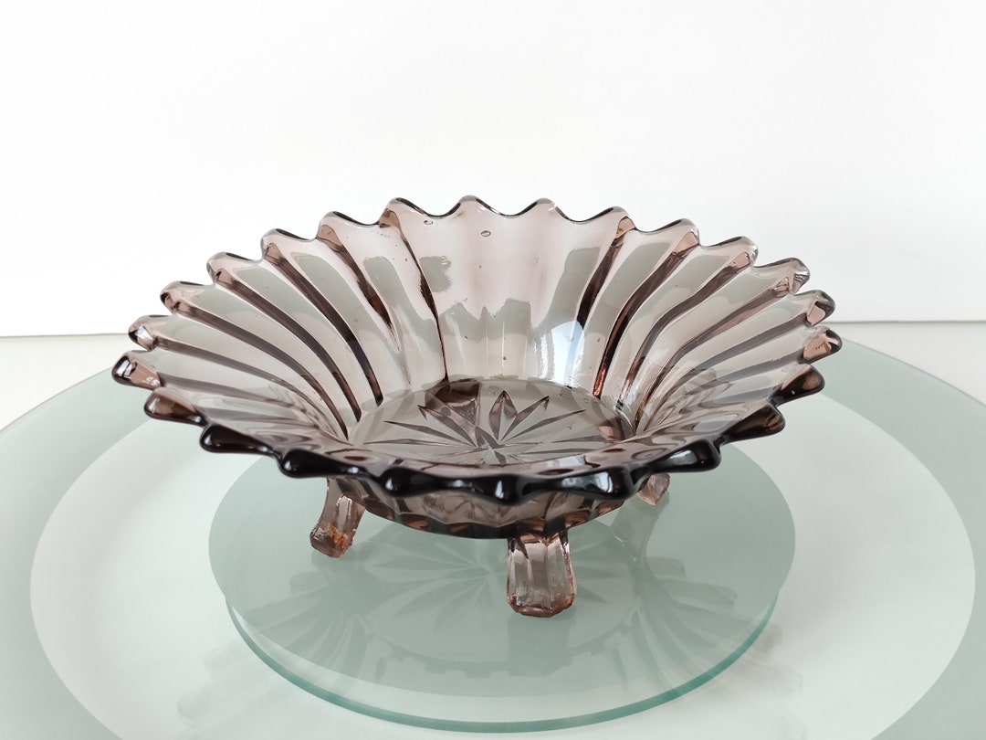 Light Pink Glass Bowl Ruffled Rim, Art Deco Footed Glass Bowl, Serrated ...