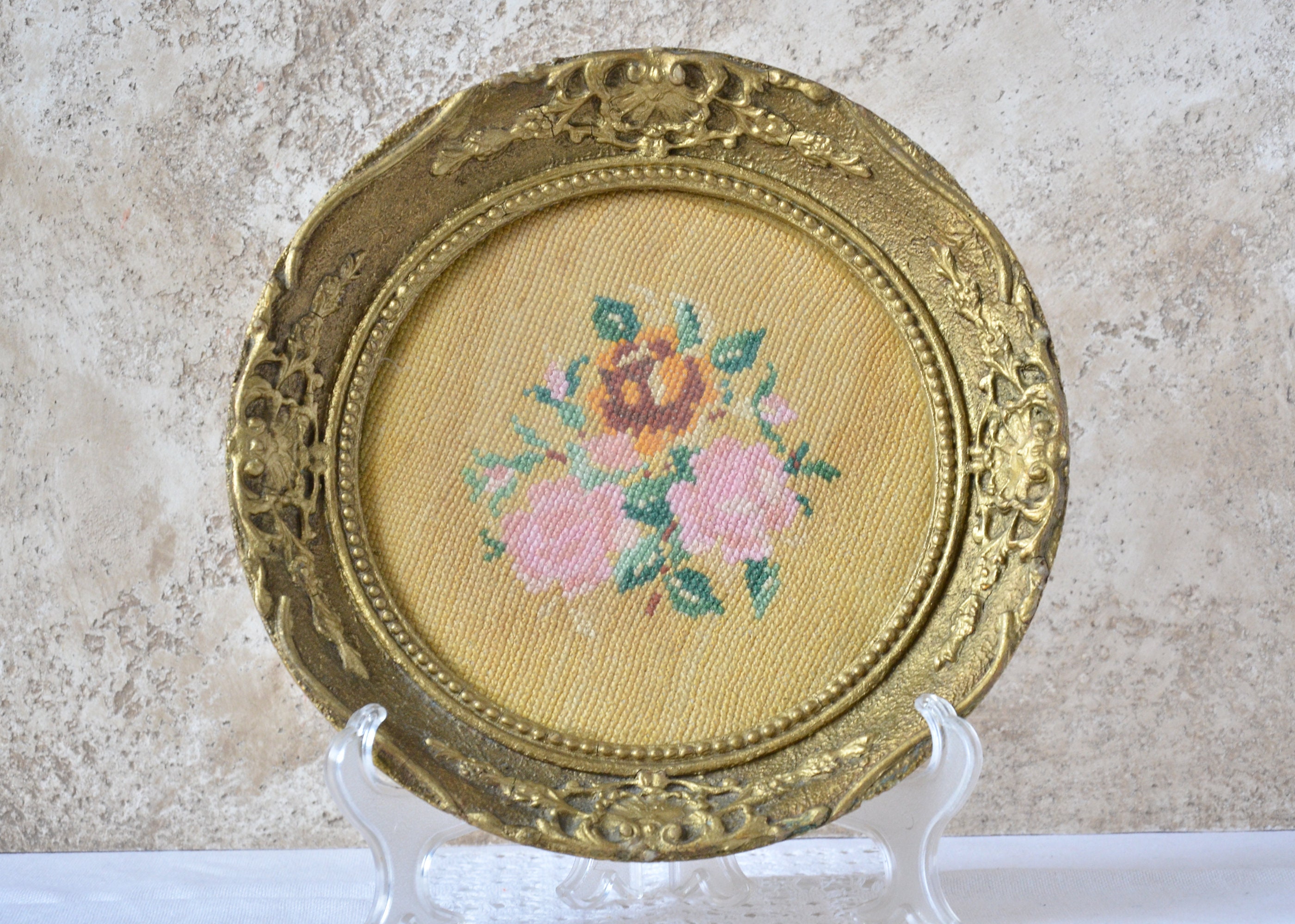 Antique Round Frame 1964s, Ornate Gold Frame With Hand Embroidered ...