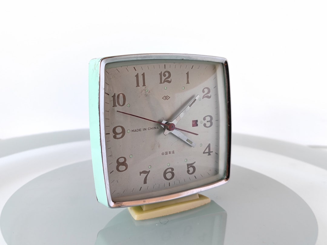 Vintage Alarm Clock, Mechanical Square Clock Made in China 1970s, Mid Century Atomic Age Table ...