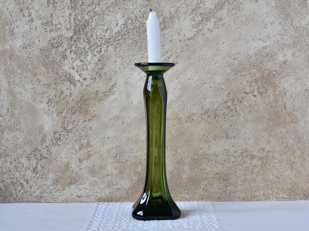 Vintage Candlestick Holder Grenn Glass, Art Glass Candleholder Single ...