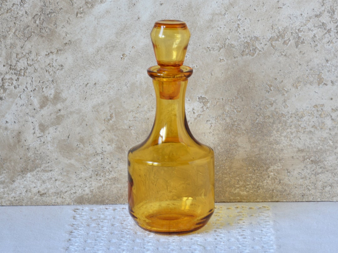 Small Amber Glass Decanter With Glass Stopper, Vintage Bar Decor ...