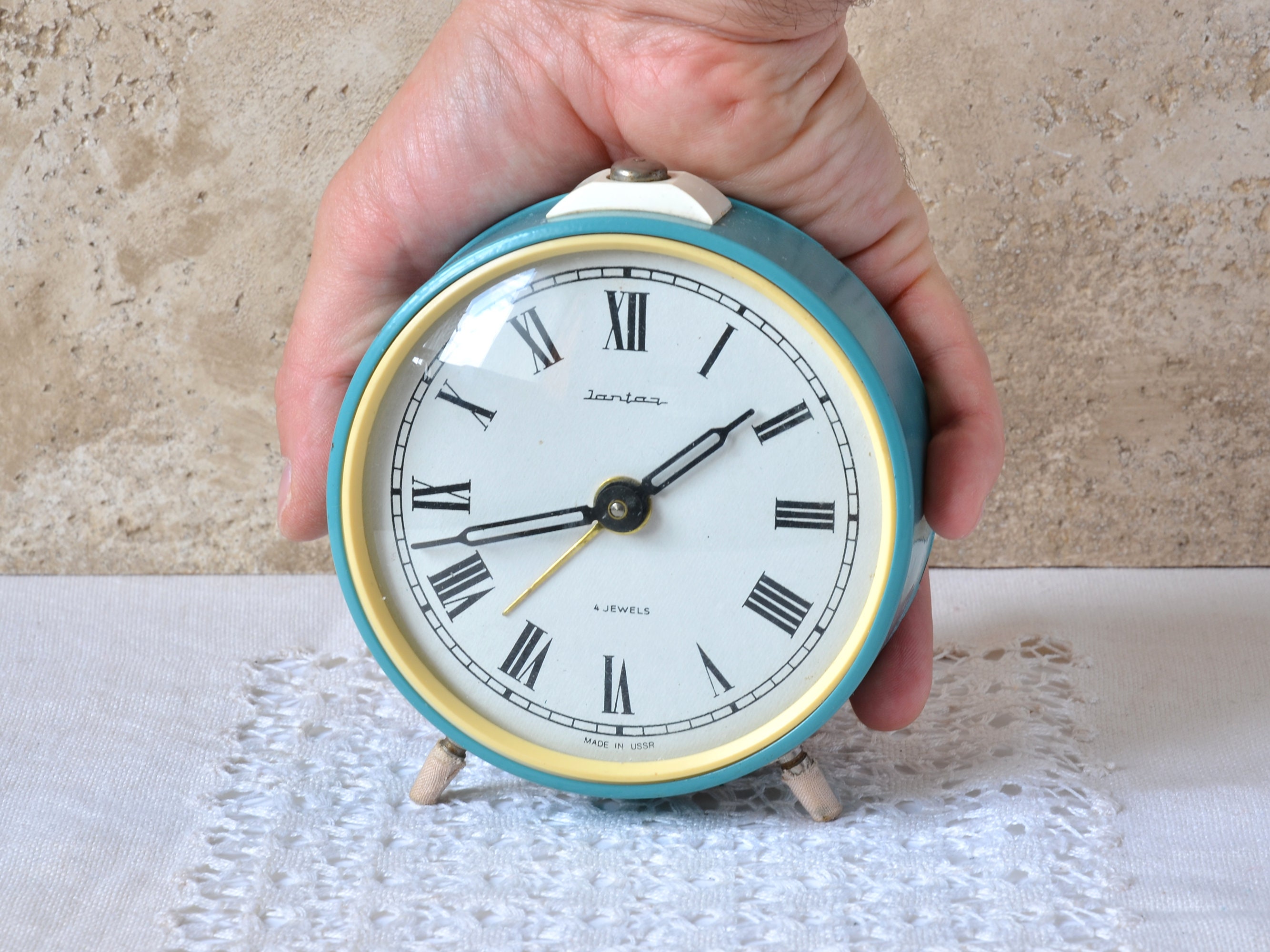 Blue Mechanical Desk Clock Roman Numerals 1970s, Vintage Alarm Clock ...