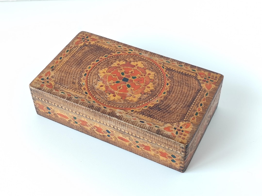 Vintage Wooden Pyrography Box, Keepsake Box, Bulgarian Wooden Trinket ...