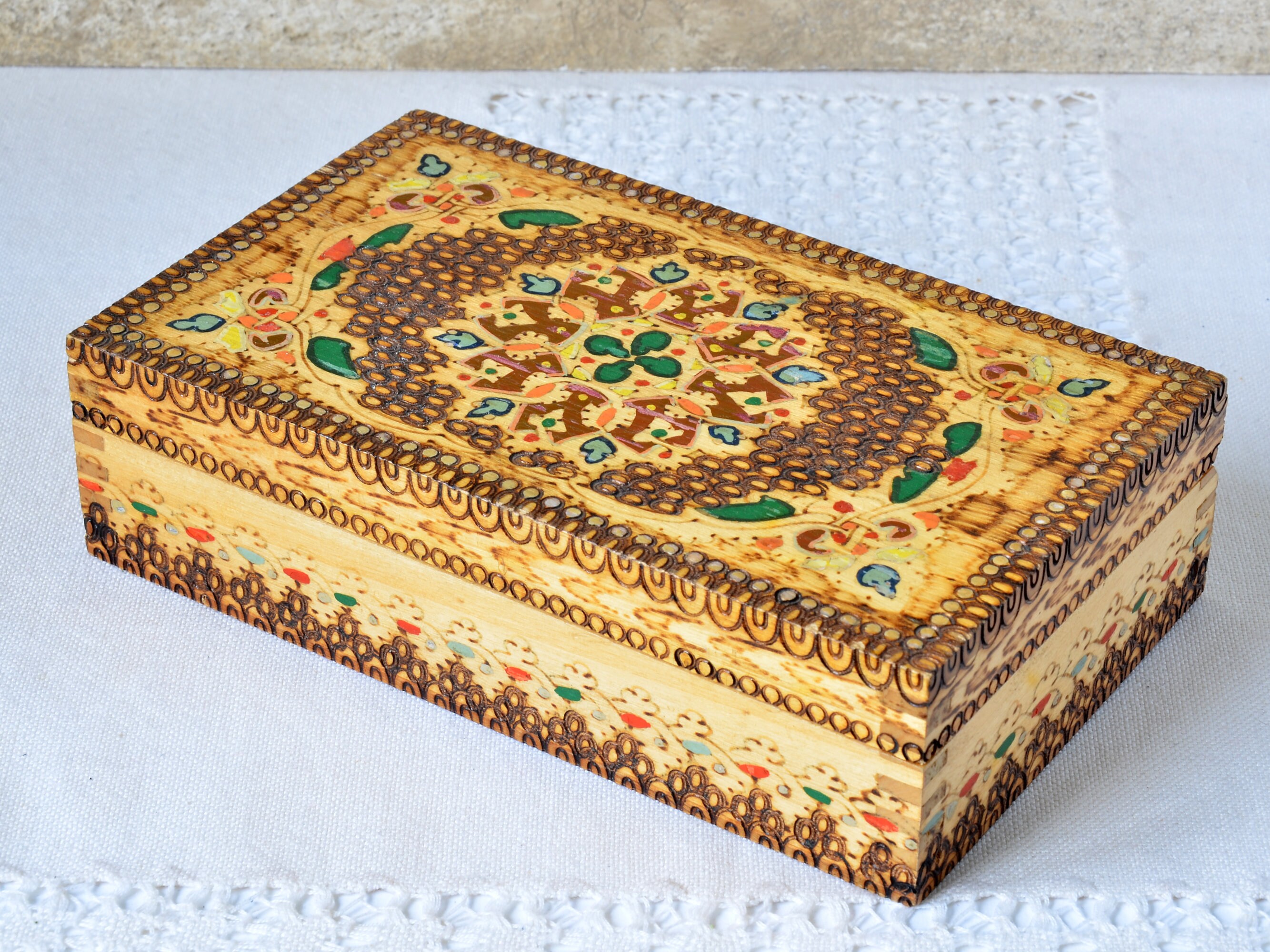 Vintage Wooden Pyrography Box, Keepsake Box, Bulgarian Wooden Trinket ...
