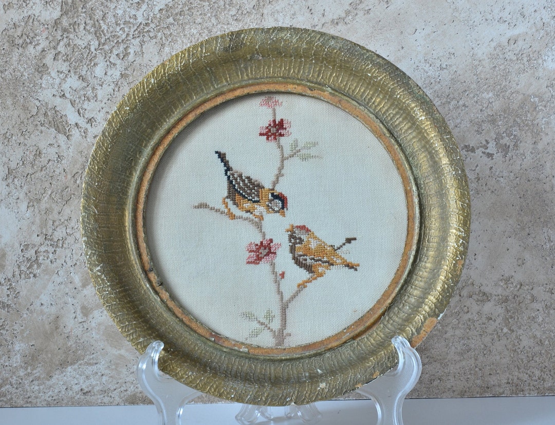 Embroidered Tapestry ( Birds ) Round Frame Gold, Antique Round Frame 10 ...