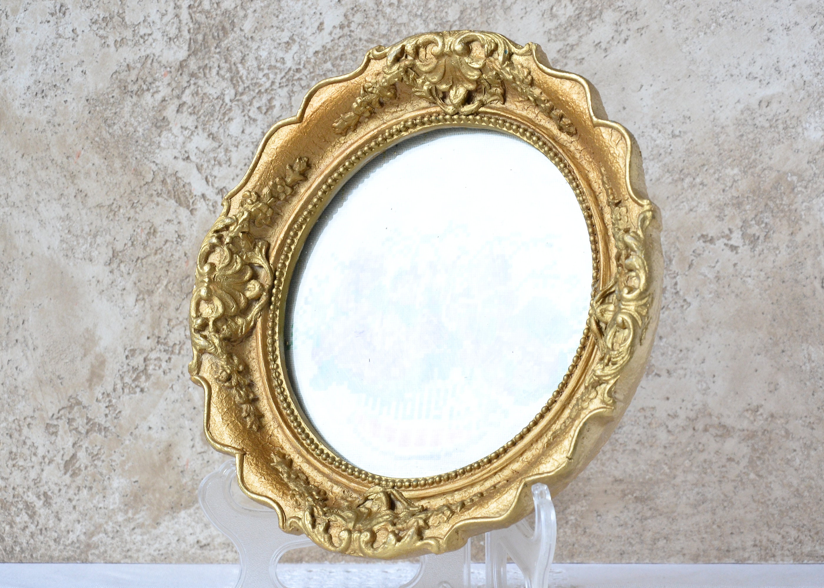 Vintage Round Frame Gold With Hand Embroidered Tapestry Purple Flowers ...