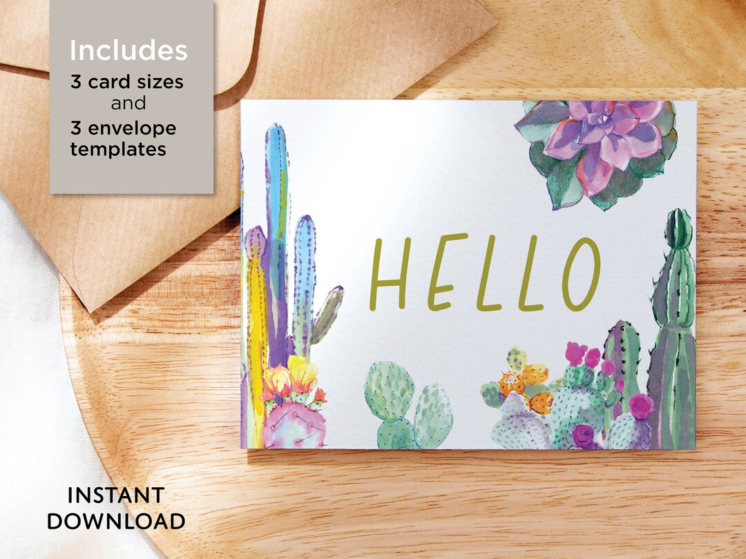 Printable Cactus Hello Card With Printable Envelope Templates / Instant ...