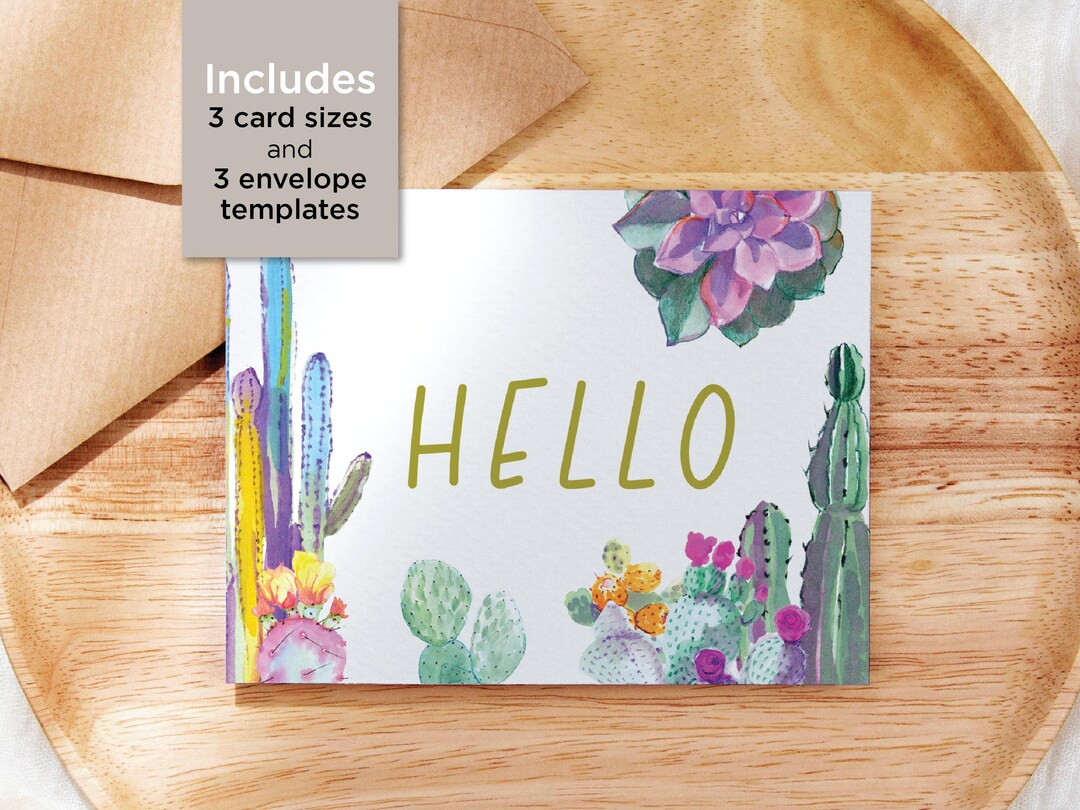 Printable Cactus Hello Card With Printable Envelope Templates / Instant ...