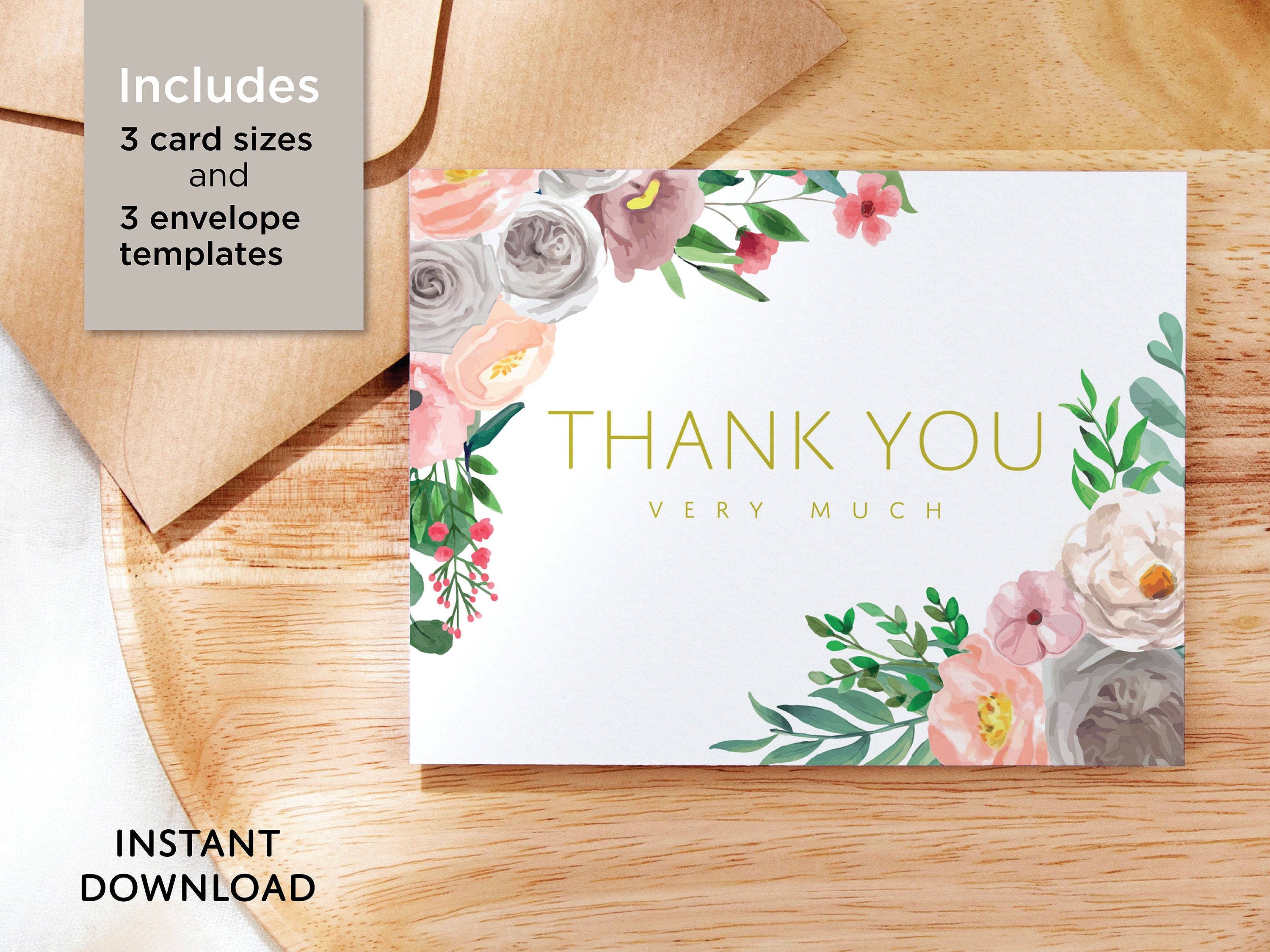 Printable Flower Thank You Card With Printable Envelope Templates ...