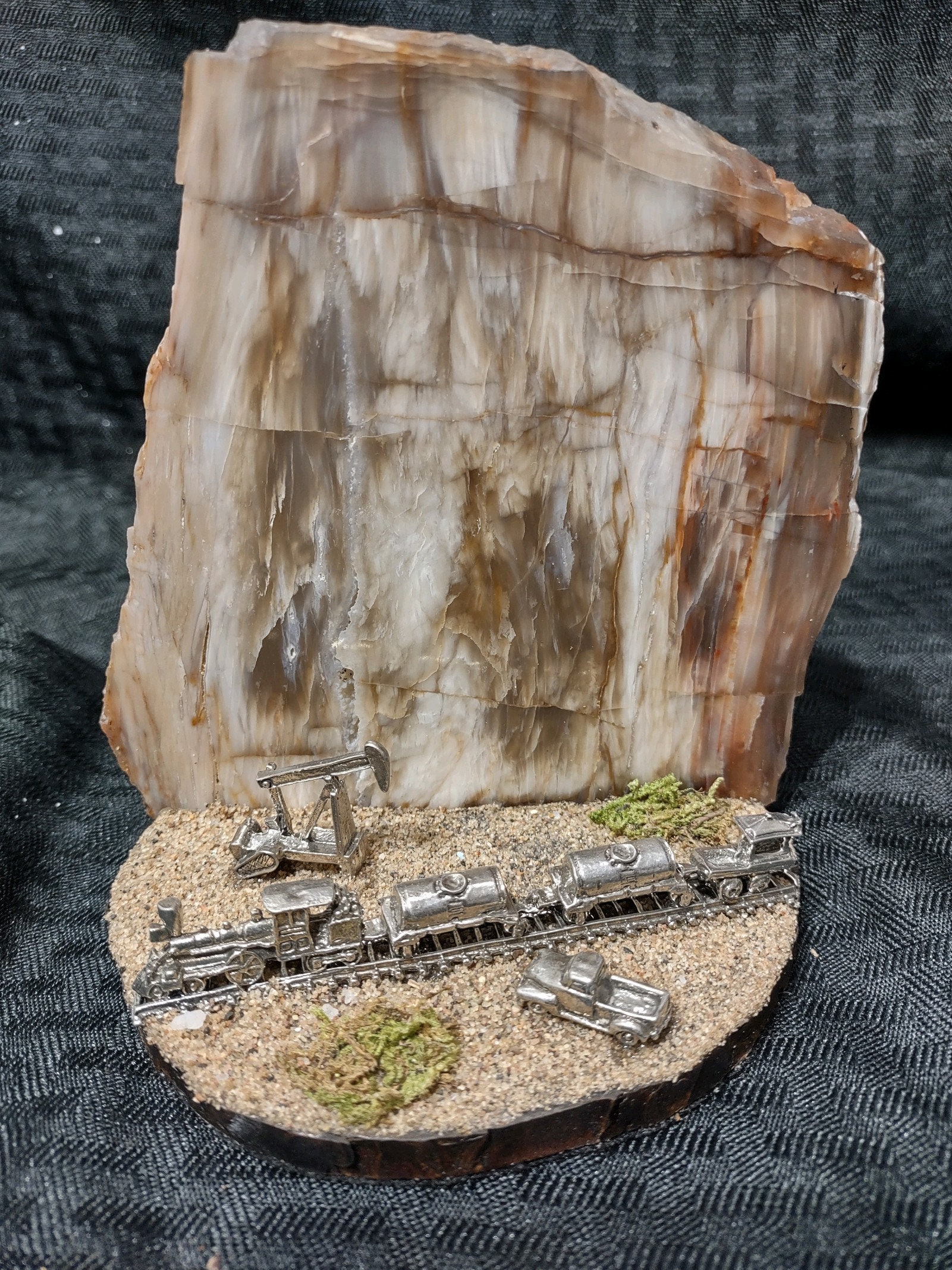 Petrified Wood Display With Pewter Train and Oil Derrick, Nice Wood ...