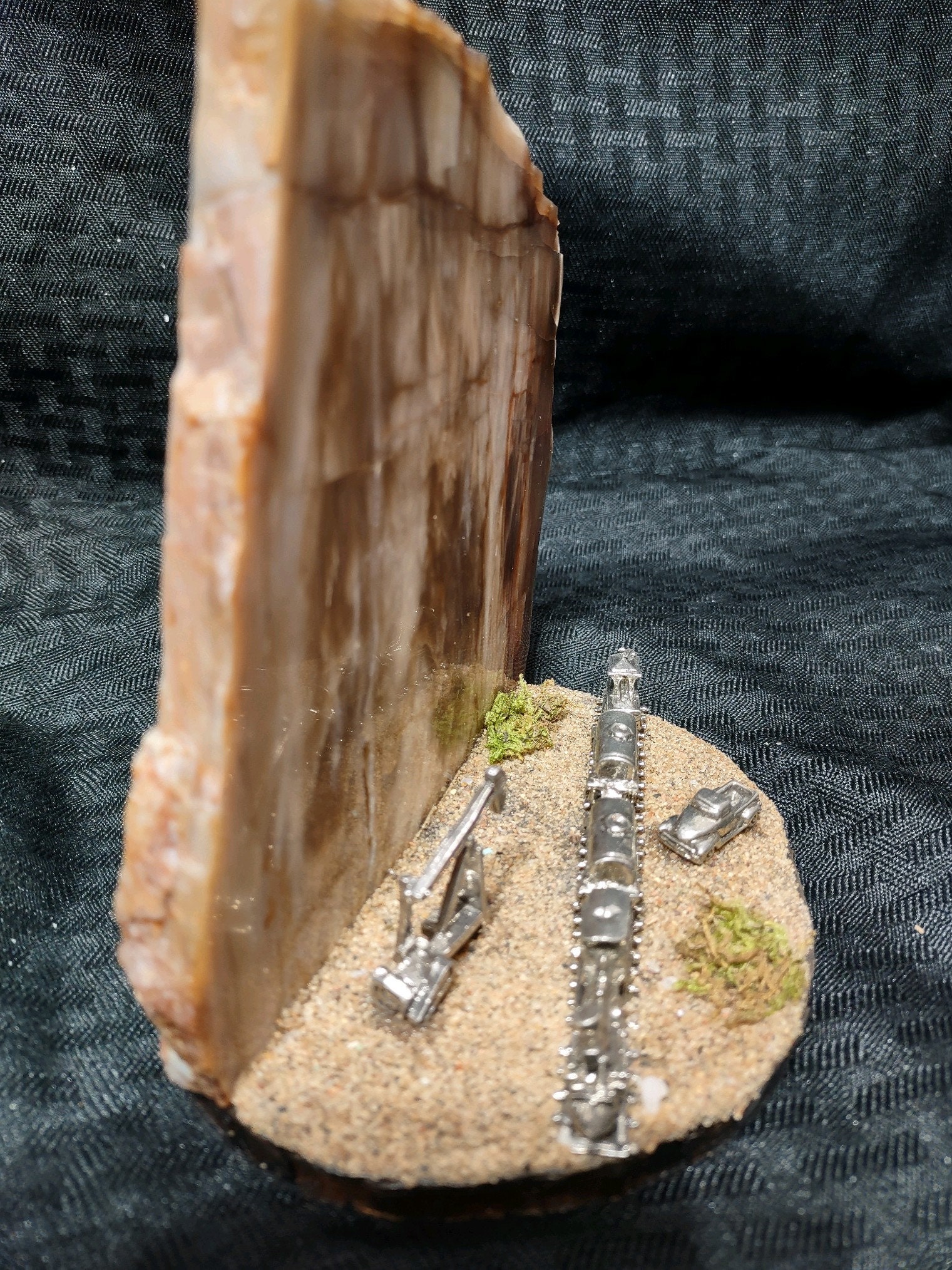 Petrified Wood Display With Pewter Train and Oil Derrick, Nice Wood ...